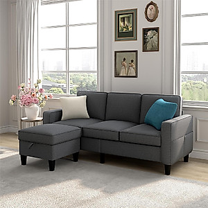 Yattem Convertible Sectional Sofa Couch, 3Seat L-Shaped Sectional Sofa Couch,Dark Gray Linen Sofa Furniture Sets with Reversible Storage Ottoman & Storage Pockets for Living Room Apartment Small Space
