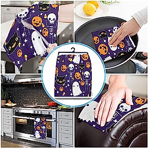 Yun Nist Kitchen Dish Towels,Halloween Cartoon Skeleton Pumpkin Navy Soft Microfiber Dish Cloths Reusable Hand Towels,Black Cat White Ghost Washable Tea Towel for Dishes Counters 1 Pack
