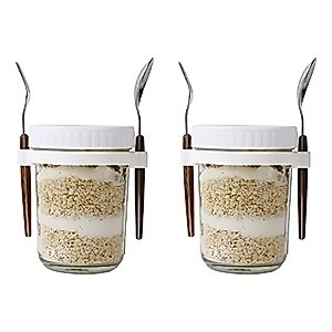 ZCXQM Overnight Oats Containers with Spoon and Fork, 2 Pack 10 oz Mason Jars with Lids for Overnight Oats, Breakfast On the Go Cups Reusable for Milk, Cereal, Fruit(White)