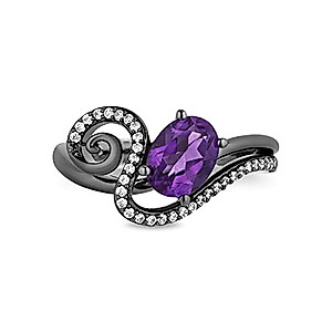 Jewelili Enchanted Disney Fine Jewelry Black Rhodium over Sterling Silver 8x6 MM Oval Shape Amethyst and 1/6 Cttw Natural White Round Diamond Ursula Ring, Size 7