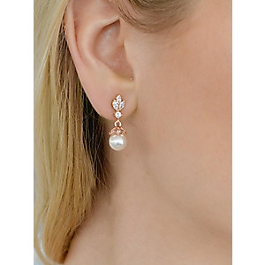 Mariell Rose Gold Pearl Drop Wedding Earrings, 8MM Ivory Shell Pearls, Cubic Zirconia Crystal and Pearl Earrings for Brides, Bridesmaid, Prom and Mother of the Bride