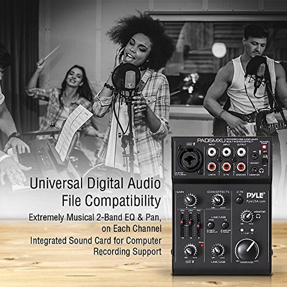 Pyle 3 Channel DJ Controller - USB Mixer Sound Audio Recording Interface with XLR & 3.5 mm Microphone Jack, Line In RCA, Rechargeable Battery, Mix Monitoring, For Professional/ Beginners - PAD15MXU