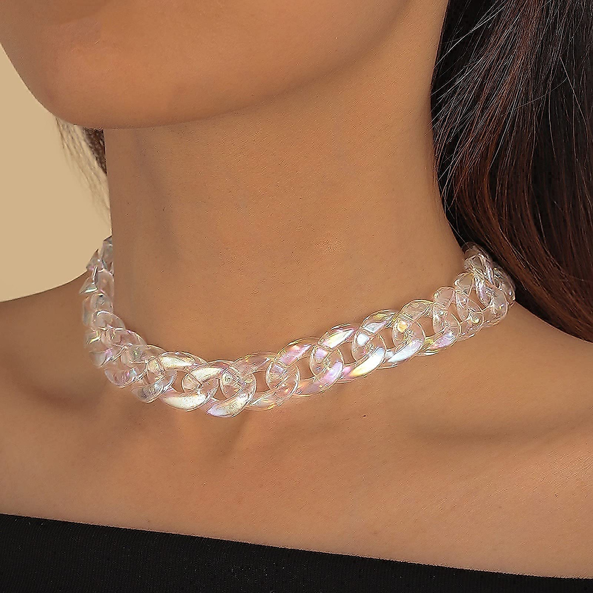 Riuziyi Punk Acrylic Cuban Link Chain Transparent AB Color Plastic Resin Choker Necklace Chunky Hip Hop Statement Neck Collar Jewelry Gift for Women Teens Girls