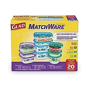 GladWare Matchware Food Storage Containers, 20 pc Value Pack Rainbow Kitchen Storage Containers | Glad Lock Tight Seal, BPA Free Lunch Containers, Glad Plastic Food Containers with Lids