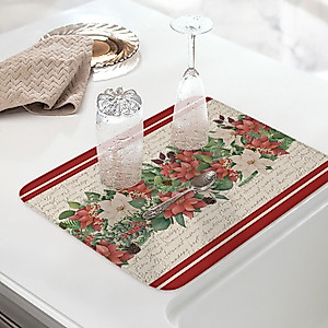 Christmas Poinsettia Dish Drying Mat for Kitchen Counter, Microfiber Rack Pads, Red Pink Xmas Botanical Vintage Absorbent Dish Bottle Drying Mat, 18''x24'', 2 Pack