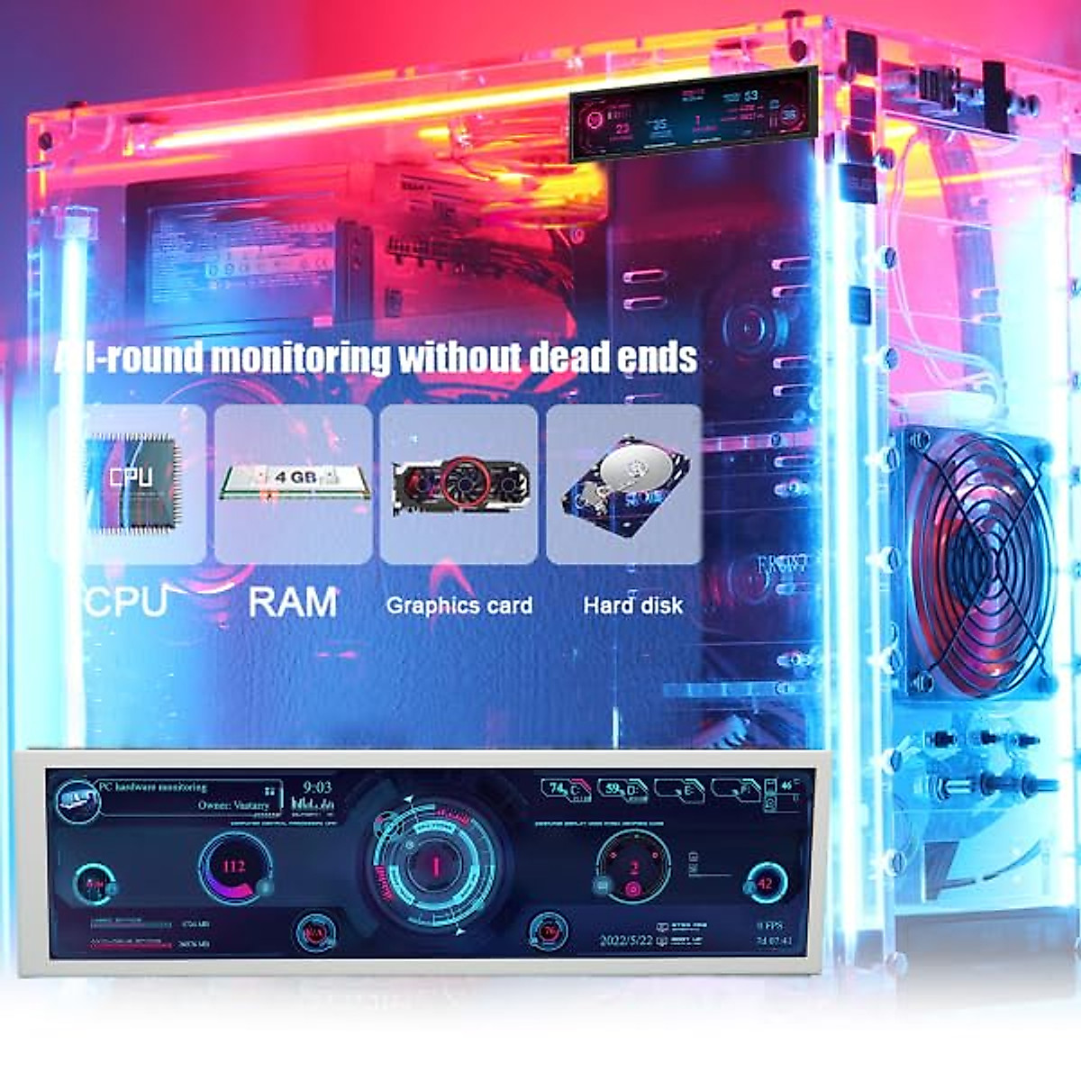 GOWENIC 8.8 Inch USB Mini Screen, AIDA64 PC CPU Data Monitor, Computer Temperature Display Micro USB Sub Screen Theme Editor Auto Off, for RasPi, for Linux