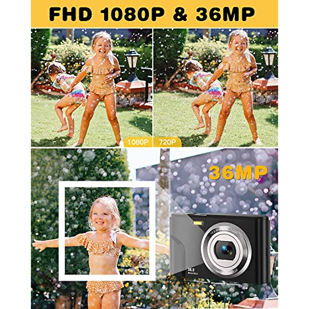 Digital Camera, Lecran Kids Camera FHD 1080P 36.0 Mega Pixels Vlogging Camera with 16X Digital Zoom, LCD Screen, Compact Portable Mini Cameras for Teens, Beginners, Students, Kids (Black)