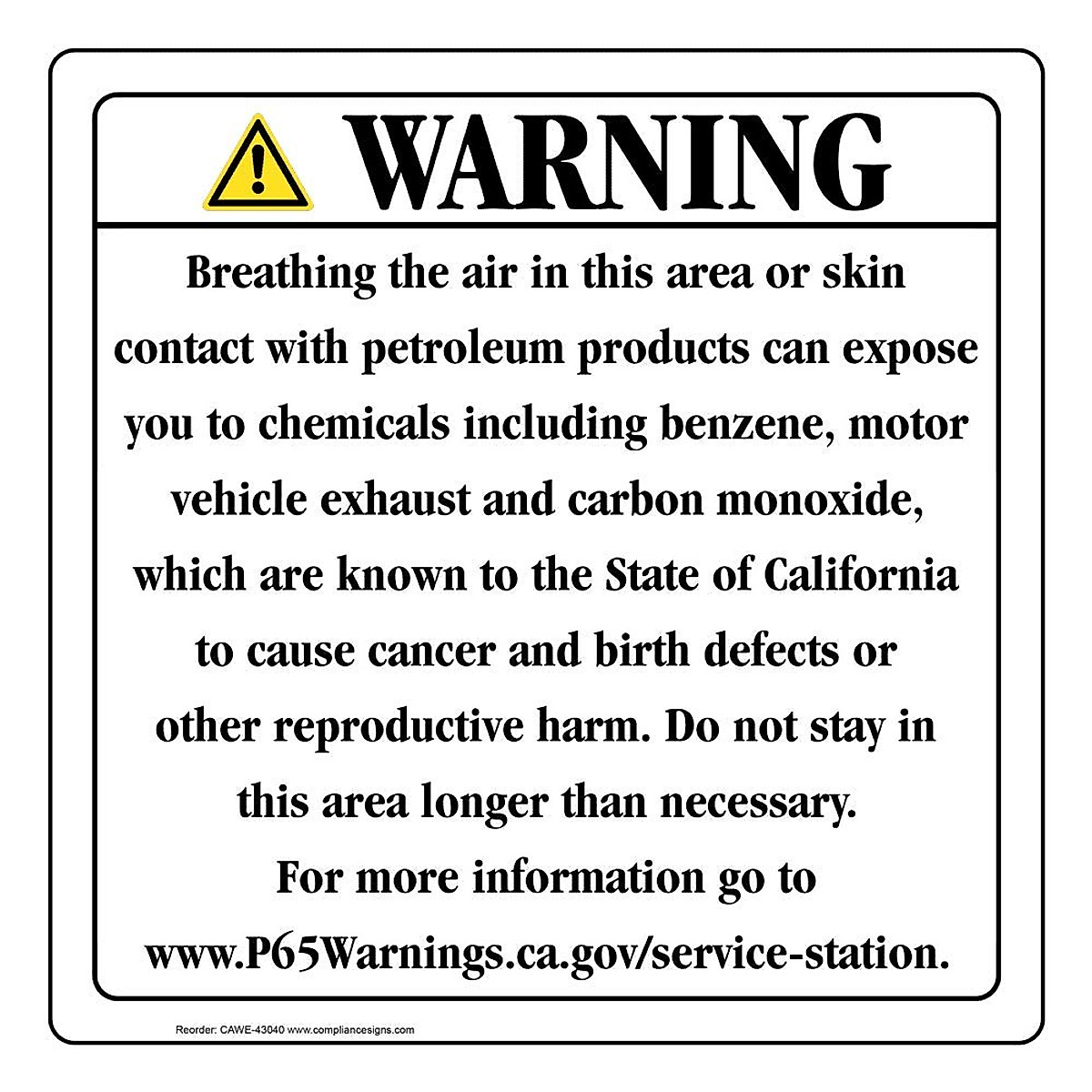 ComplianceSigns.com California Prop 65 Benzene, Exhaust, Carbon Monoxide Warning Sign, 10x10 inch Plastic for Chemical Hazmat
