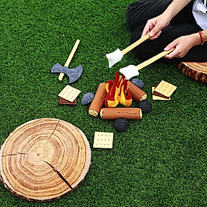 17 Pcs Pretend Camping Play Set, 2 Pcs Decorative Round Throw Pillow, Camping Safe Fake Campfire Plush Wood Shaped Floor Cushion for Adults Dramatic Play Camping Home Outdoor Decorations