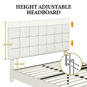 Yaheetech Queen Upholstered Bed Frame, Platform Bed Frame with Square Tufted Fabric Headboard Height Adjustable, Wooden Slats Support, No Box Spring Needed, Beige