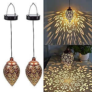 AnnaStore 2 Pack Outdoor Solar Hanging Lantern Lights Decorative Lighting Metal Led Lamps for Porch Decor Garden Patio Lawn Yard Backyard Balcony Decoration Waterproof