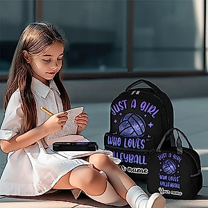 Personalized Volleyball Backpack with Lunch Box And Pencil Case Set, 3 in 1 Matching Teen Girls Purple Backpacks Combo, Sports Bookbag And Pencil Case Bundle