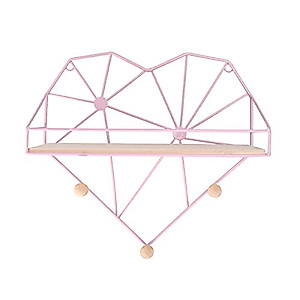 Alipis Floating Shelves Heart Hanging Shelf Wall Decor Metal Wall Art Grid Photo Panel Hanging Display Frames Key Hooks for Room Office Wall Decoration Pink