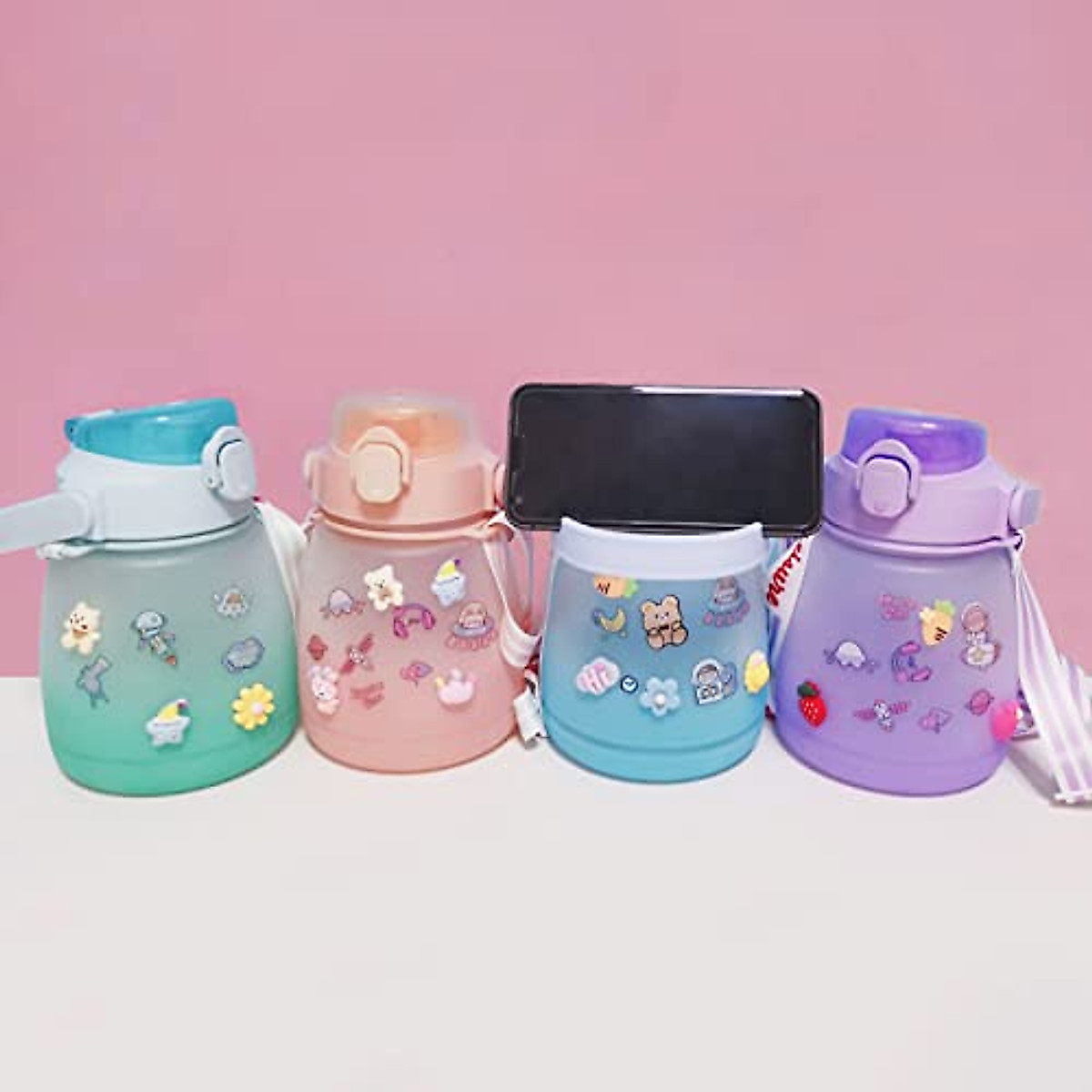 excvalues Kawaii Water Bottle with Strap, Large Capacity Cute Water Bottles with 3D Stickers, Portable Big Belly Bottle for School Outdoor Camping(Pink)