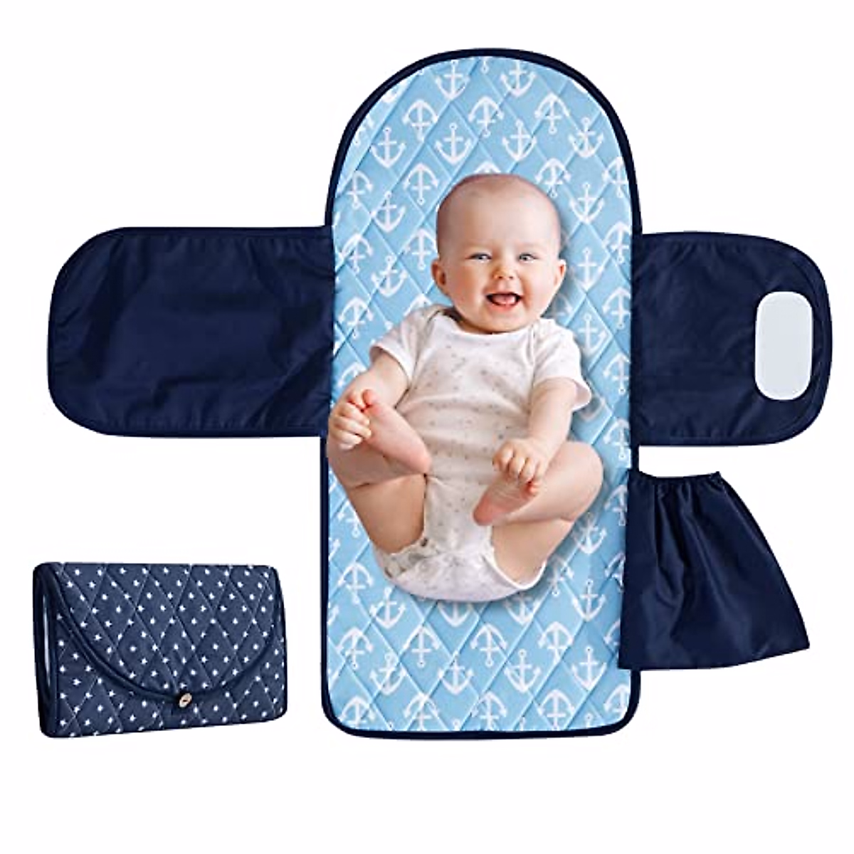 Diaper Changing Pad with Protecting Wraps, Portable Changing Pad for Moms & Dads, Baby Changing Pad as Baby Gifts for Shower, Travel, Newborn Boys, Dark Blue Stars - Light Blue Anchor