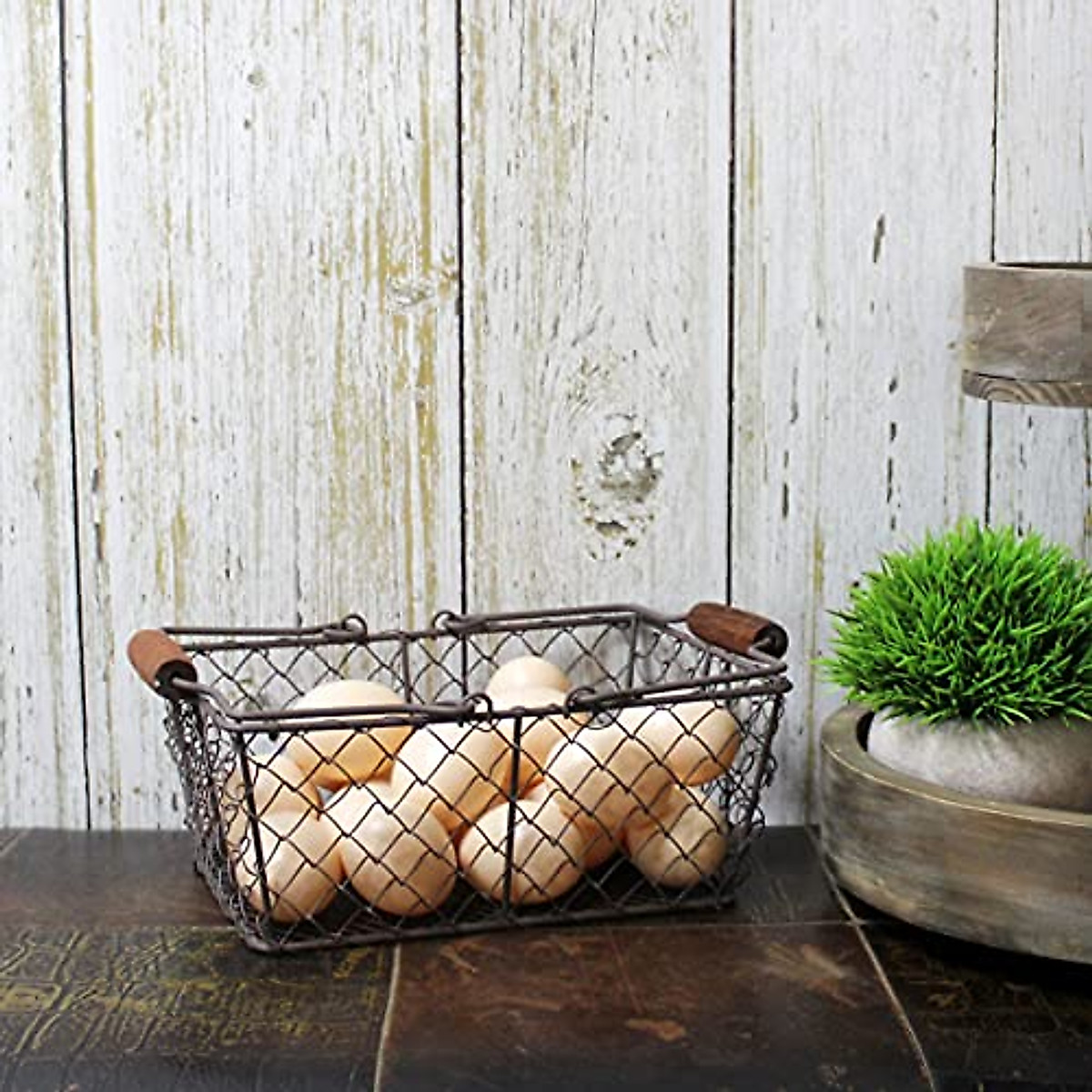 CVHOMEDECO. Primitive Chicken Wire Gathering Baskets with Wood Handle Rectangular Farmhouse Storage Baskets Set, Rusty, Set of 3