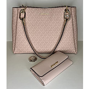 MICHAEL Michael Kors Trisha Large Triple Gusset Shoulder Tote bundled with Large Trifold Wallet and Michael Kors Purse Hook (Signature MK DK Powder Blush)