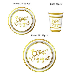 Engagement Party Decorations Set Serve 25,Just Engaged Plates and Cups Decorations,We’re Engaged Decorations,Happy Engagement Party Decorations,DZ Bridal Shower Wedding Party Decorations(Gold Foil)