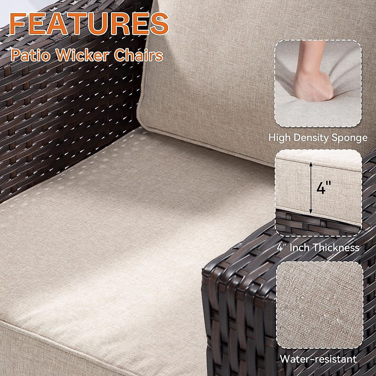 Gardenbee Patio Chairs Set of 2, Rattan Wicker Chairs Outdoors, for Garden Backyard Porch(Brown/Beige)