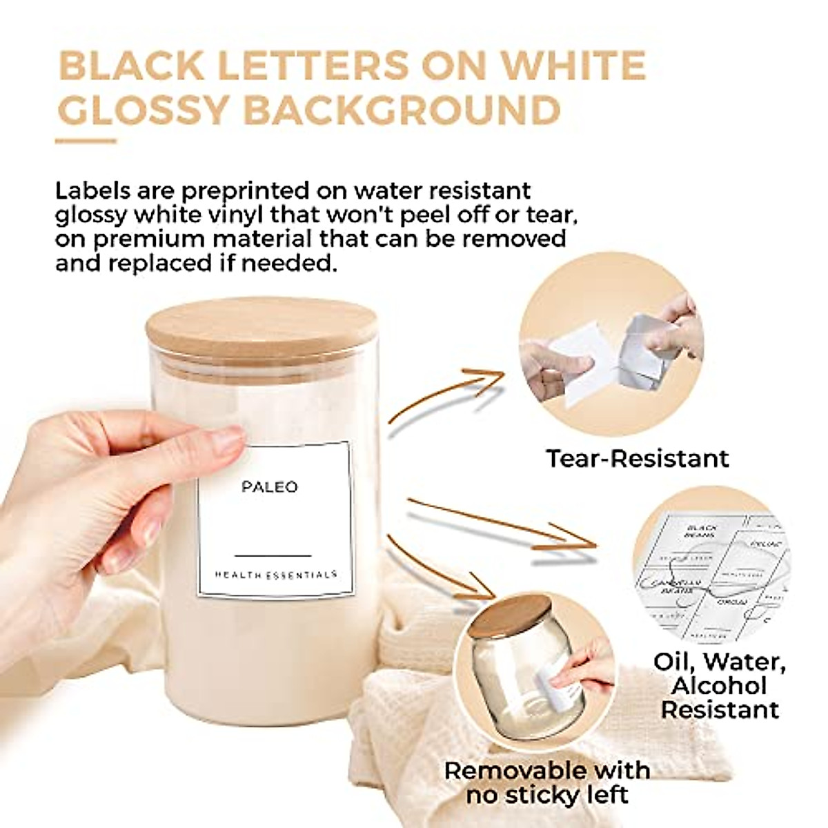 192 Kitchen Pantry Labels for Food Containers, Organize Pantry with Minimalist Preprinted Black Text on White Vinyl Stickers for Jars, Canisters and Storage Bins + Numbers for Pantry Organization