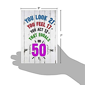 NobleWorks - 50th Funny Milestone Birthday for Men and Women, Celebrate and Congrats Notecard with Envelope - Age Equation 50 Birthday C7195MBG