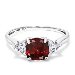 Gem Stone King 10K White Gold Red Garnet and White Created Sapphire 3-Stone Engagement Ring For Women (2.49 Cttw, 7MM Cushion and 4MM Trillion, Available In Size 5, 6, 7, 8, 9)