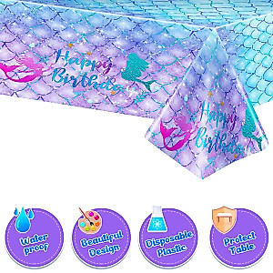 DaiUni 1PCS Mermaid Birthday Tablecloth for Birthday Party Decoration, Plastic Disposable Rectangle Table Cover for Kids Girls Party Supplies, 54" x 108"