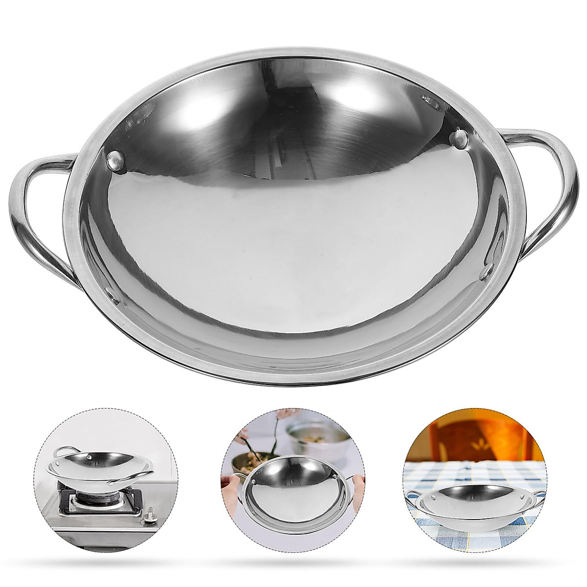 Zerodeko Paella Pan Stainless Steel Pow Wok Stir Fry Pans with Dual Handle Shabu Hot Pot Traditional Binaural Wok Japanese Cookware for Induction Cooktop Electric Gas 24CM