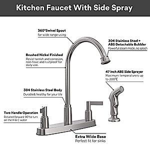 GOWIN Brushed Nickel Kitchen Faucet with Side Sprayer,2 Handle Kitchen Sink Faucet，Kitchen Faucets for Sink 3 Hole or 4 Hole,High Arc Stainless Steel 8 Inch Centerset Kitchen Faucet