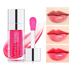 2 PCS Plumping Lip Oil, Hydrating Lip Gloss Tinted Lip Balm Lip Care Transparent Toot Lip Oil, Long Lasting Nourishing Lip Glow Oil Big Brush Head Glitter Shine Primer Lip Tint (CHERRY + ROSEWOOD)