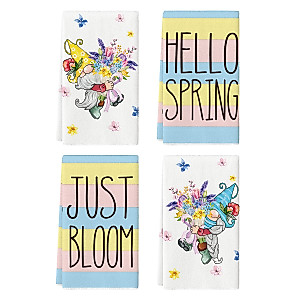 Artoid Mode Stripes Gnome Flower Just Bloom Hello Spring Kitchen Towels Dish Towels, 18x26 Inch Seasonal Decoration Hand Towels Set of 4