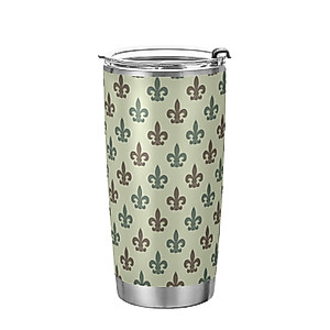 Yasala Mardi Gras Tumbler Fleur De Lis Brown Green Insulated Coffee Cup Fat Tuesday Beverage Container Office Travel Mug with Straw and Lid 20oz Holiday Back to School Gift