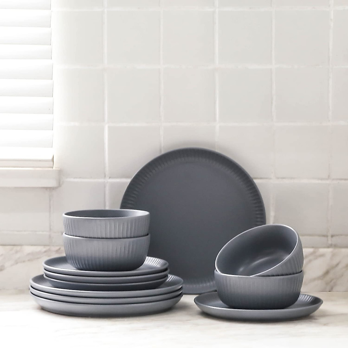 Stone Lain Logan 12 Pieces Stoneware Dinnerware Set, Grey