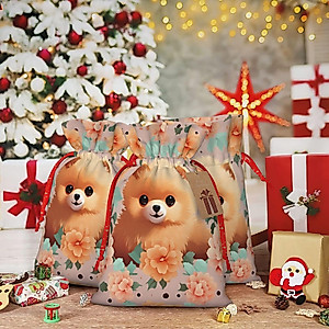 BTCOWZRV Pomeranians Cartoon Flowers Christmas Gift Bag with Drawstring Christmas Wrapping Bags Xmas Gift Bags Sack Bags Xmas Package Storage Bag Wrapping Sacks Pouches Xmas Party Holiday Gift Bags