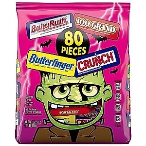 Butterfinger CRUNCH Baby Ruth and 100 Grand Candy Variety Pack Assorted Mini and Fun Size, Individually Wrapped Chocolate Bars, 0.4 Oz. (Pack of 80)