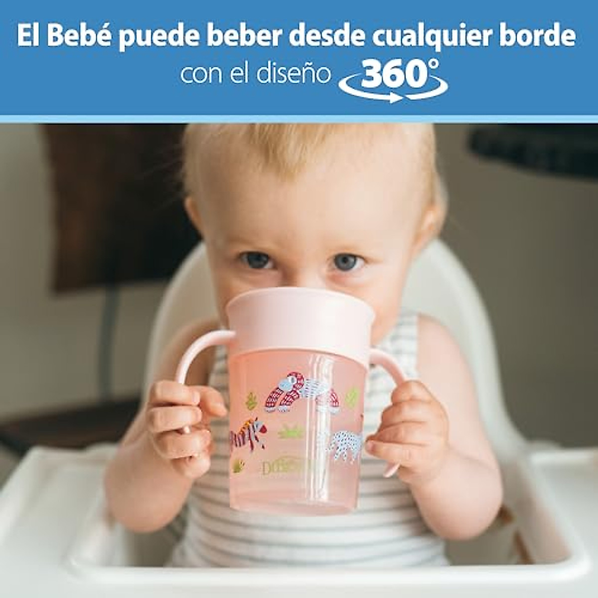 Dr. Brown's Milestones Cheers 360 Cup Spoutless Transition Cup with Handles for Easy Grip and Leak-Free Learning, Pink Safari, 7 oz/200 mL