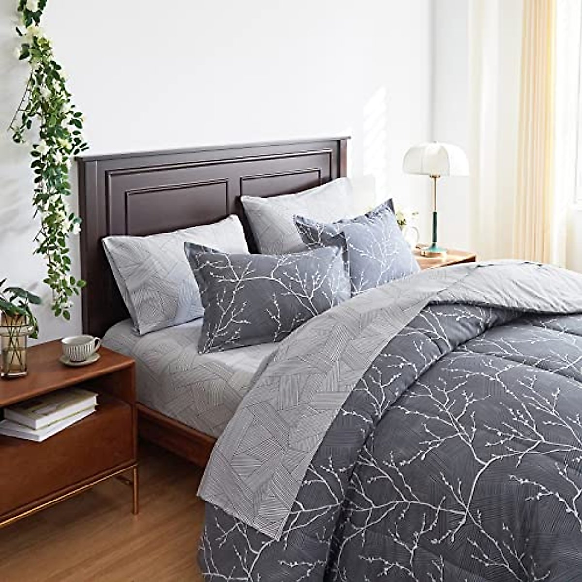 UOZZI BEDDING Cotton Gray Comforter Sheet Set Queen Size 7 Pieces Bed in a Bag with White Branch Soft Bed Set (1 Comforter 2 Pillow Shams 1 Flat Sheet 1 Fitted Sheet 2 Pillowcases)