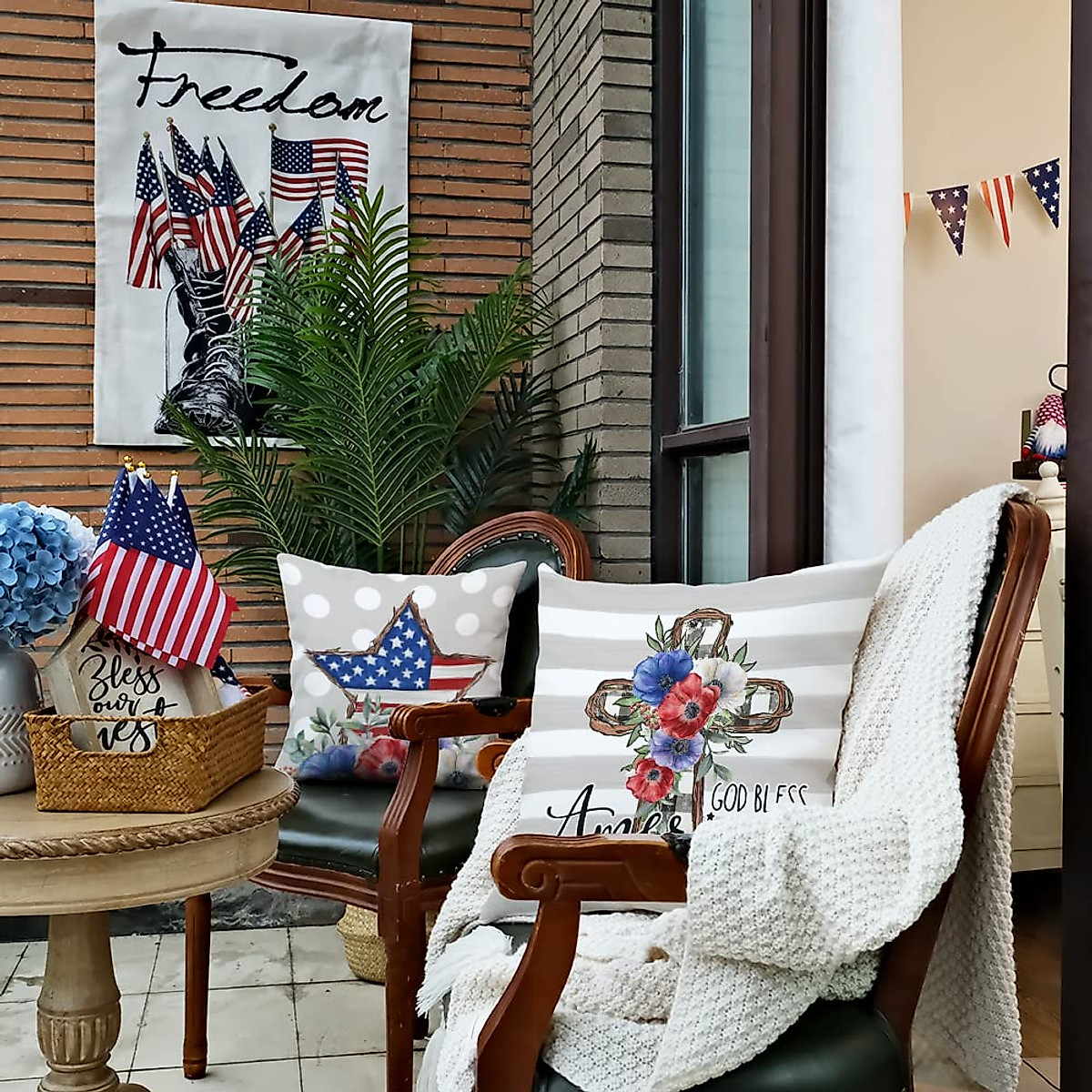 GEEORY 4th of July Decorations Pillow Covers 18x18 Set of 4 Polka Dots Star and Strip Cross Bless America Floral Jar Throw Pillows Patriotic Pillows Independence Day Decor Cushion Case G327-18