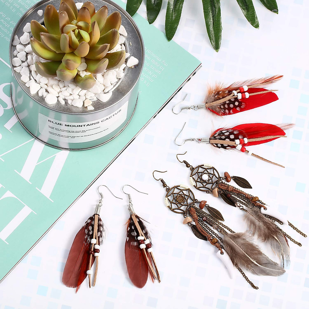 6 Pairs Women Faux Feather Earrings Dream Catcher Earring Bohemian Fringe Tassel Long Drop Dangle Earrings Set with Design for Women (Style 7)