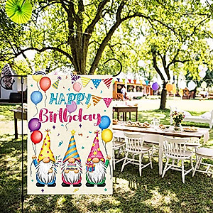 Louise Maelys Happy Birthday Garden Flag 12x18 Double Sided Vertical, Burlap Small Farmhouse Welcome Birthday Gnome Cake Garden Yard House Flags for Birthday Party Gift Porch Lawn Sign Decoration (ONLY FLAG)