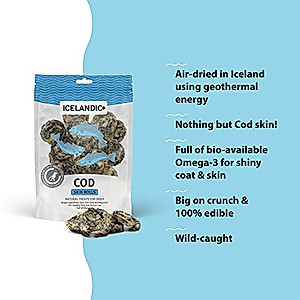 Icelandic+ Plus: Cod Skin Rolls Dog Treat, 3-oz Bag, 100% Edible and Digestible, No Additives, No Preservatives or Supplements, Full of Omega-3 for Healthy Skin and Shiny Coat