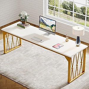 Tribesigns 78.7-Inch Two-Person Desk Extra Long Computer Desk, Double Computer Desk 2 Person Workstation Table for Home Office (Gold and White)