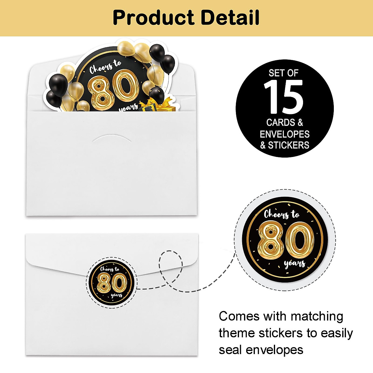 REWIDPARTY Cheers to 80 Years Birthday Party Invitations with Envelopes & Stickers（Set of 15） Balloon Shaped Fill-in Invitations Black Gold 80th Invite Cards 80th Birthday Anniversary Party Supplies