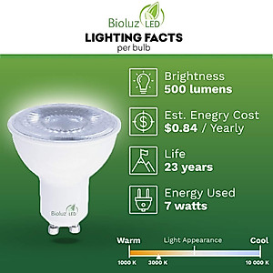 Bioluz LED 6 Pack GU10 LED Bulbs Dimmable 3000K Indoor Outdoor 50 Watt Halogen Bulb Replacement 500 Lumen UL Listed