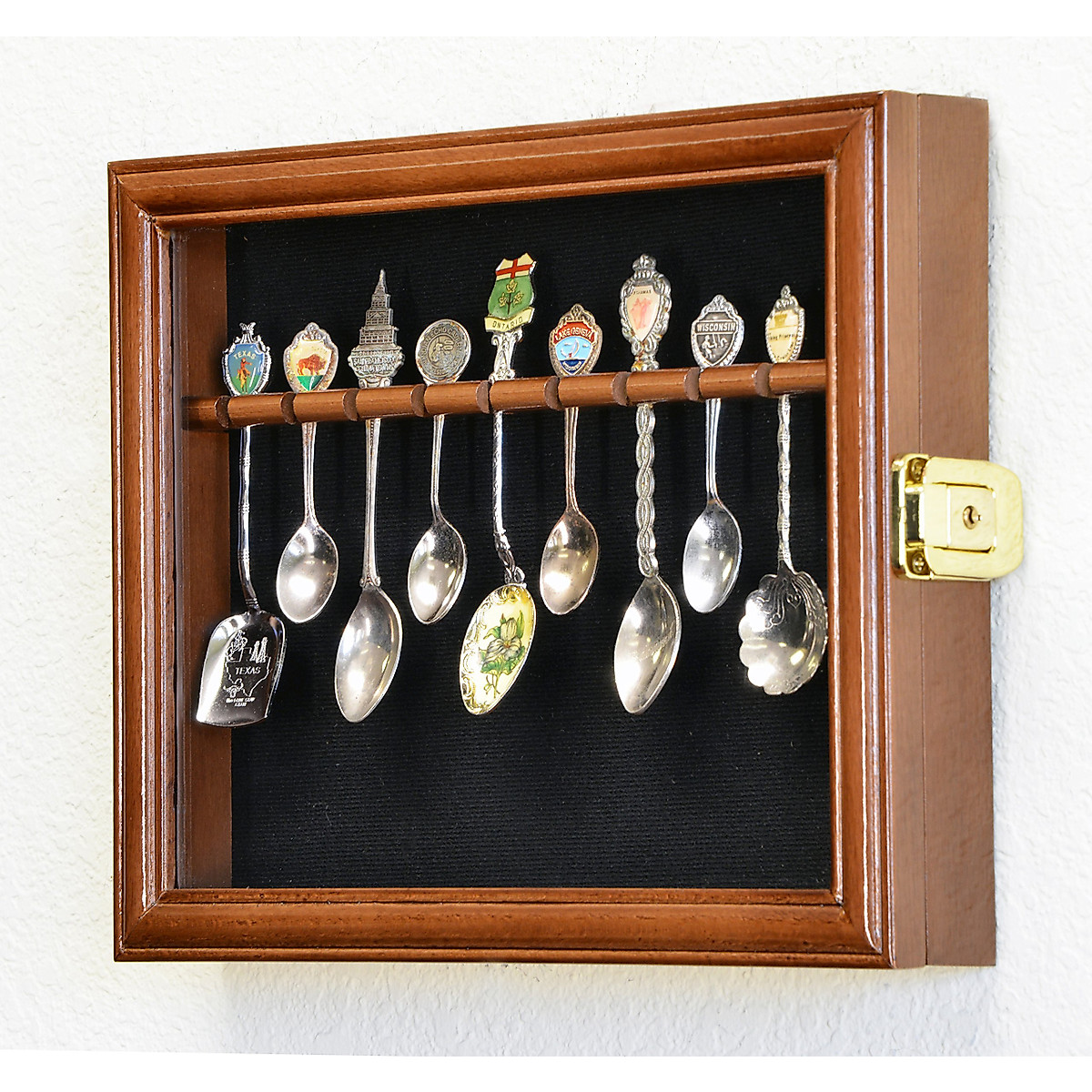 10 Spoon Display Case Cabinet Wall Mount Rack Holder w/98% UV Protection Lockable, Walnut