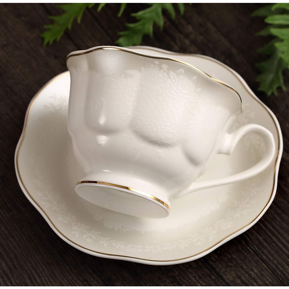 GUANGYANG GY 15-pcs Lotus Shape Porcelain Tea set with 7oz 6 Tea Cups and 6 Saucers,1 Teapot Sugar Bowl,1 Cream Pitcher,White