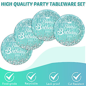 82PCS Teal Birthday Decorations Teal and Silver Tableware Set for Happy Birthday Party Decorations Breakfast Blue Theme Table Covers Plates Napkins for Girls Women Silver GlitterParty Supplies
