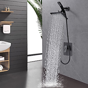 All Metal Shower Faucet Set, Dual Square Shower Head System with Handheld Wand & Rainfall Showerhead, Diverter, Hose Complete Combo, Pressure Balance Rough-in Valve Included