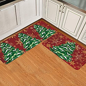 Kitchen Mat Set of 2 Anti-Fatigue Kitchen Rug, Christmas Trees Snowflake Watercolor Non-Slip Kitchen Mats and Rugs, Kitchen Doormat Runner Rug for Floor Home Office Sink Laundry, Red Geometric