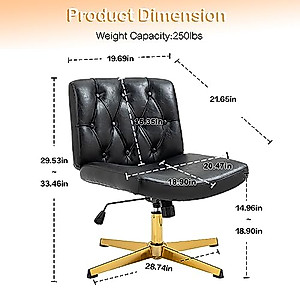 HomVent Armless Office Desk Chair No Wheels, PU Leather Tufted Padded Cute Desk Chair, Modern Ergonomic Computer Desk Chair w/Gold Cross Base,Adjustable Swivel Desk Chair for Makeup Vanity Study Black